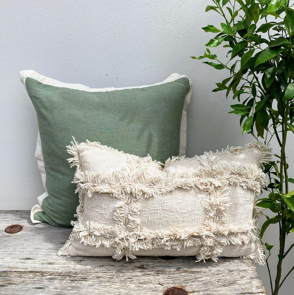 Set of 2 Natural and Green Tropical Cushions - Rectangle Cowrie Shell