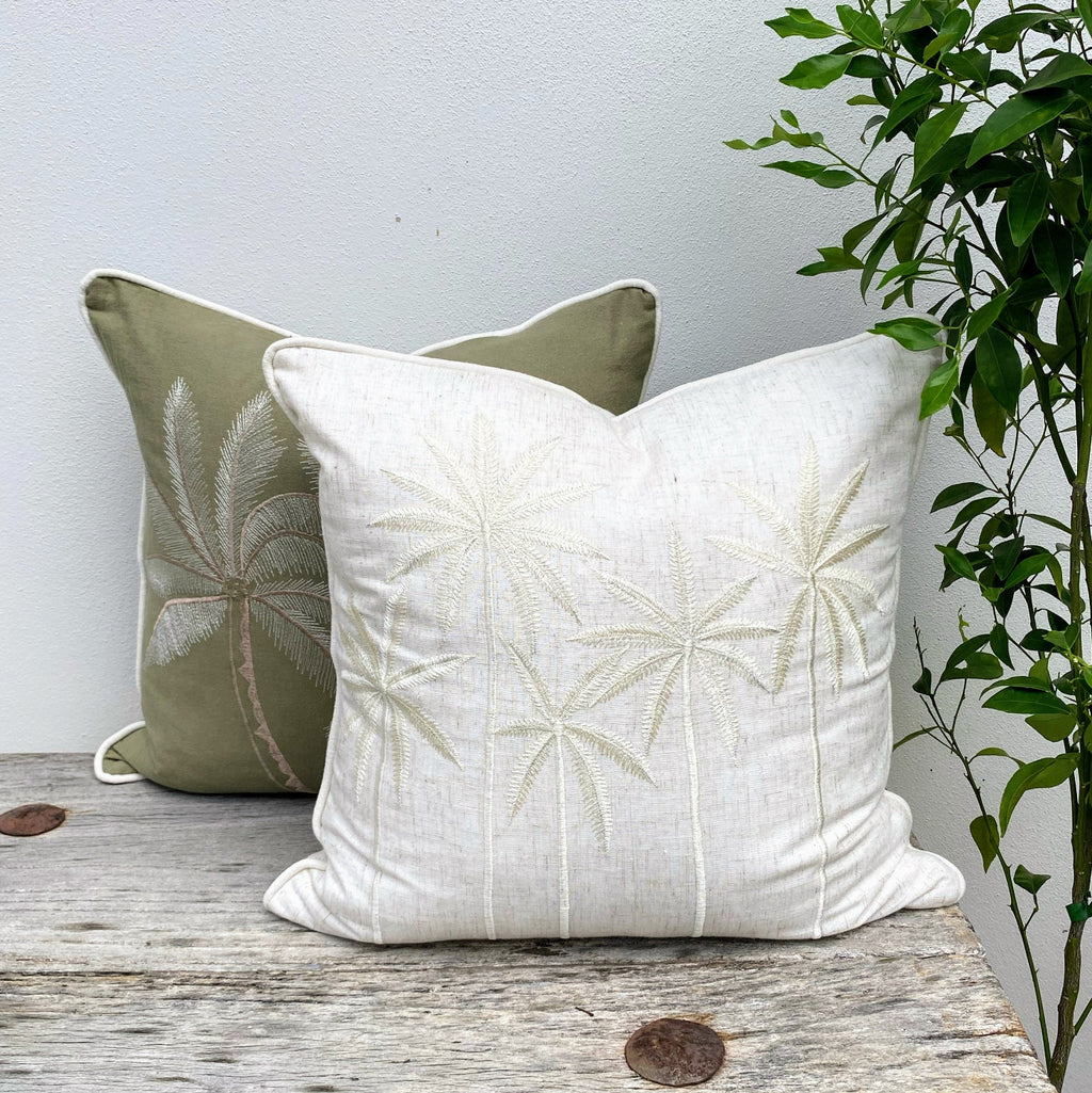 Set of Two Natural Olive Green Coastal Palm Linen Cushions - Square
