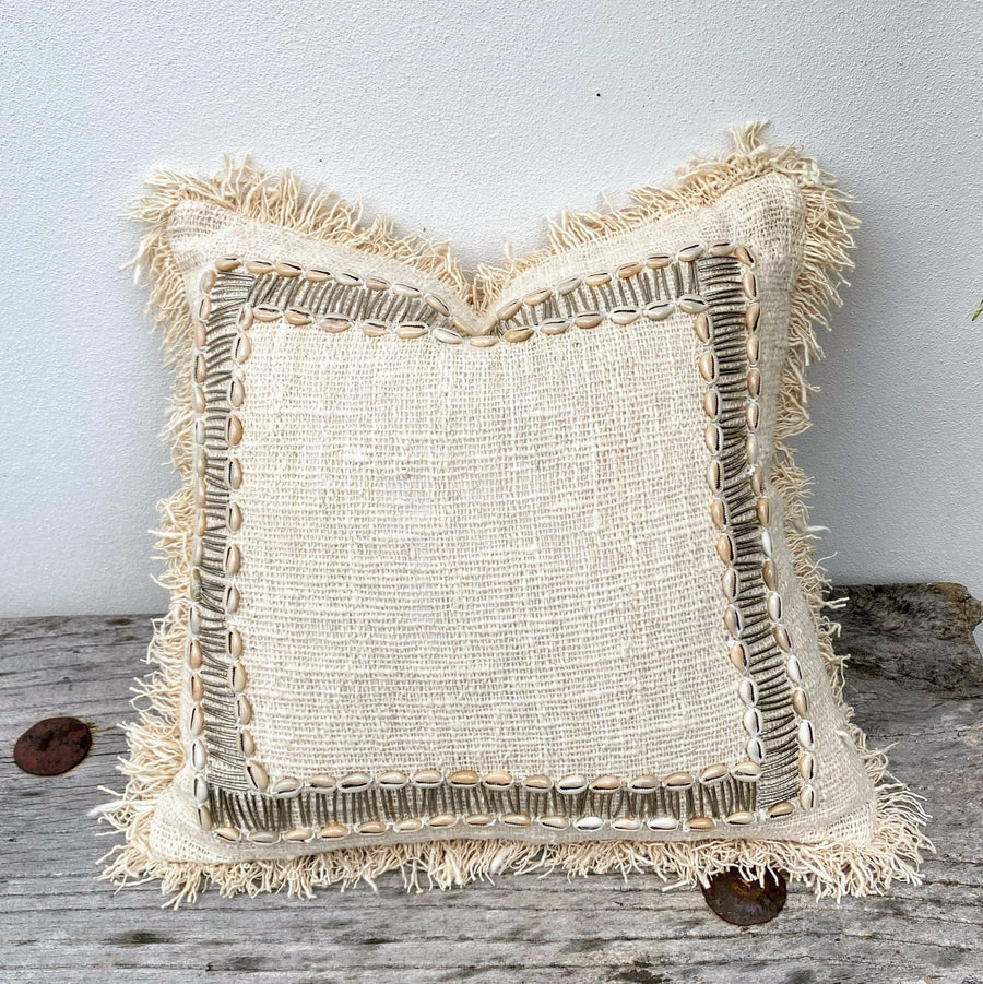 Handwoven Coastal Natural Shell Cushion - Cowrie Cove