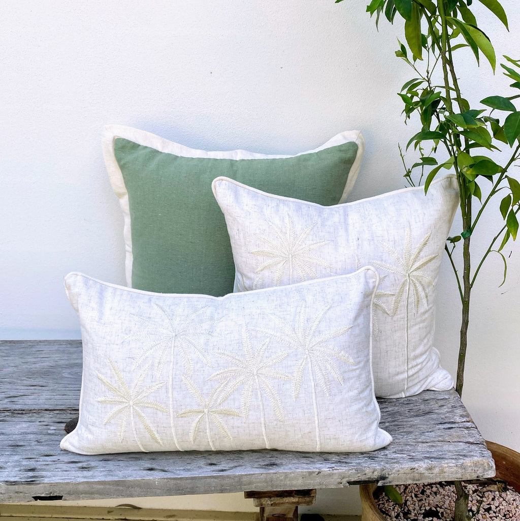 Set of 3 Natural Beige Coastal Palm Tree Linen Cushion - Evergreen Can