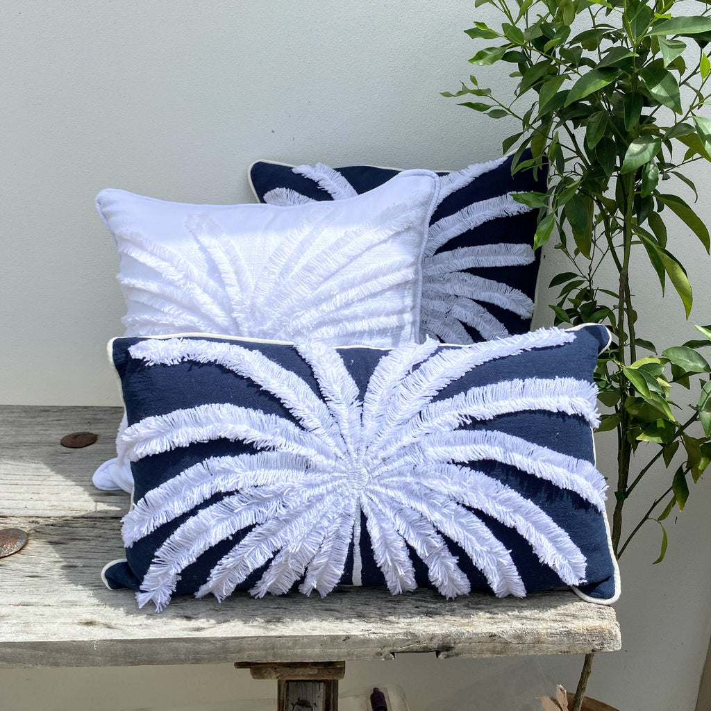 Set of 3 Blue and White Palm Tree Cushion - Gypsy Lagoon Salt Oasis
