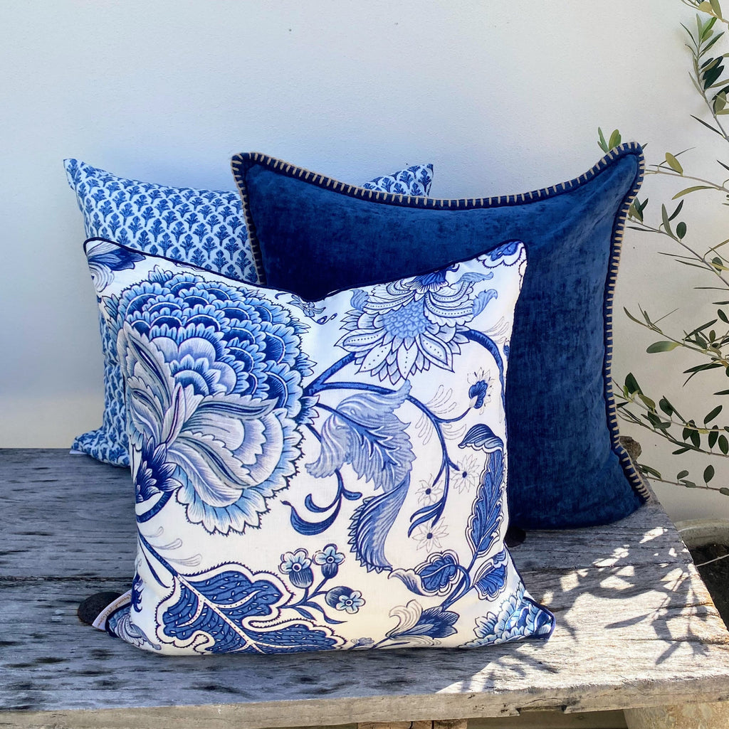 Set of 3 Blue and White Floral Cushions | Linen and Velvet - Portsea Ocean