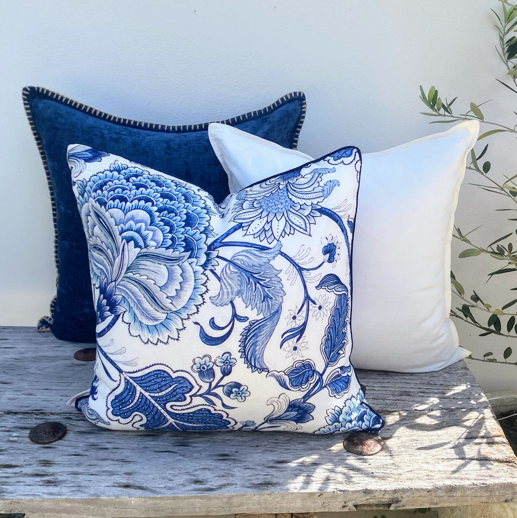 Set of 3 Blue and White Floral Cushions | Linen, Velvet - Portsea Ocean