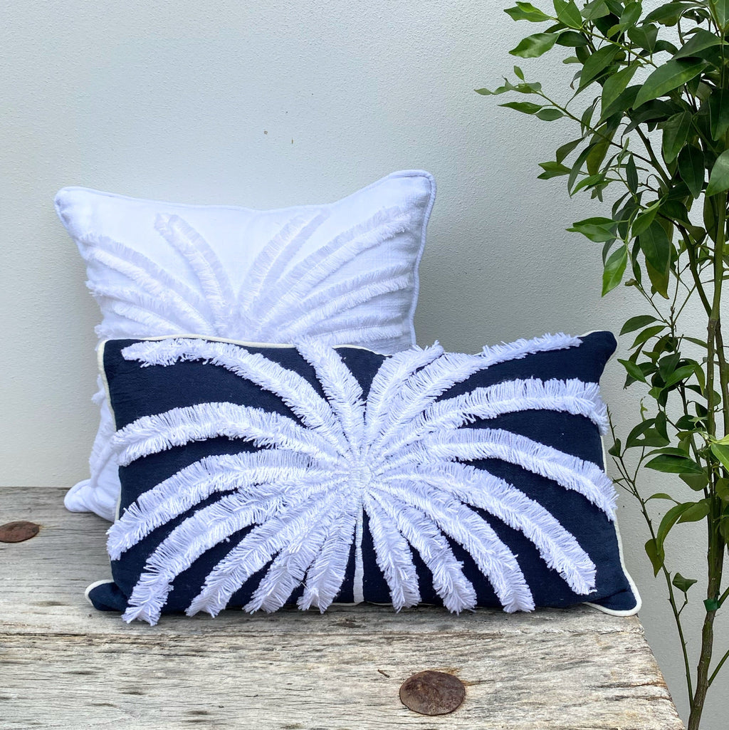 Set of 2 Blue and White Palm Tree Cushion - Gypsy Lagoon Salt Oasis