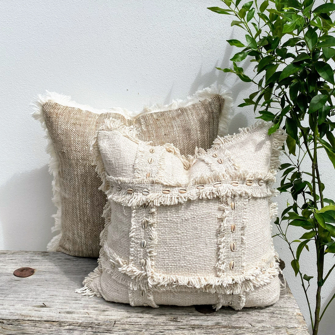 Shell Cushion - White and Natural - Square - 45x45cm - Decorative ...