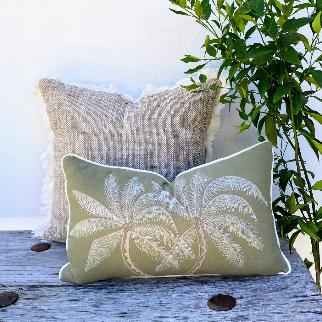 Set of Two Natural Coastal Palm Linen Cushion -Ubud Olive Green Isle