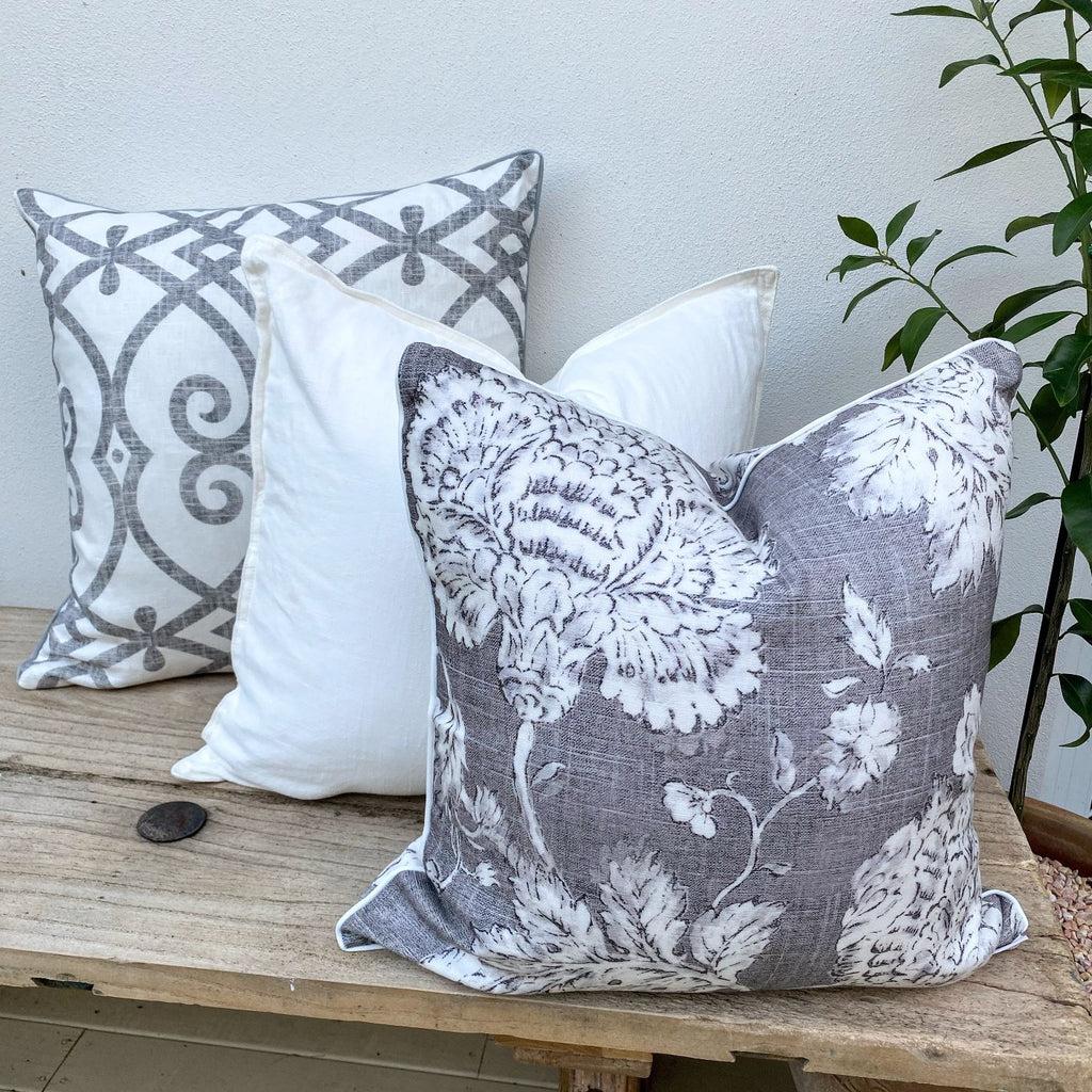 Set of 3 Floral Grey Linen Cushions
