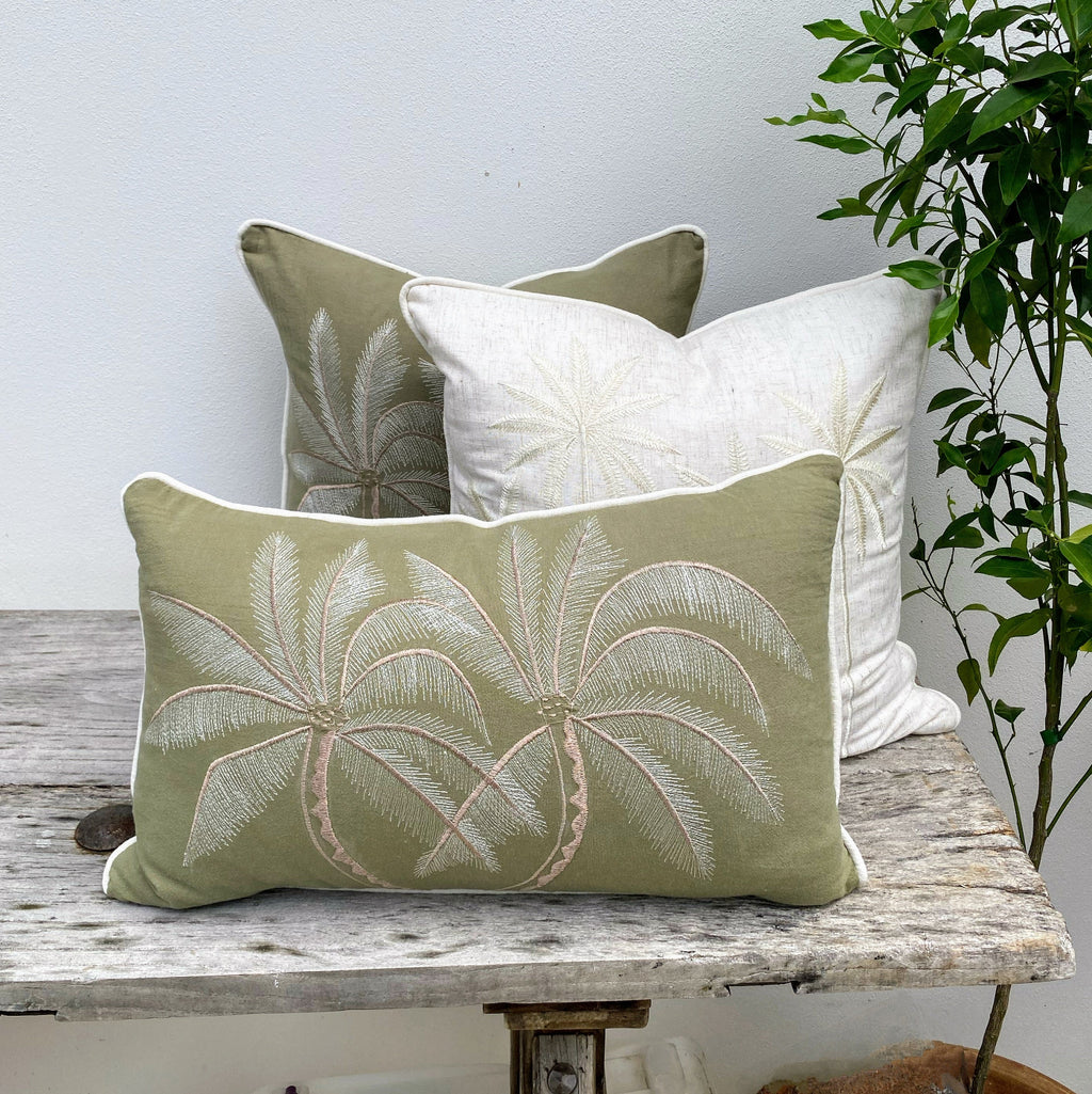 Set of 3 Natural Beige Coastal Palm Tree Linen Cushion - Olive Isle Ca