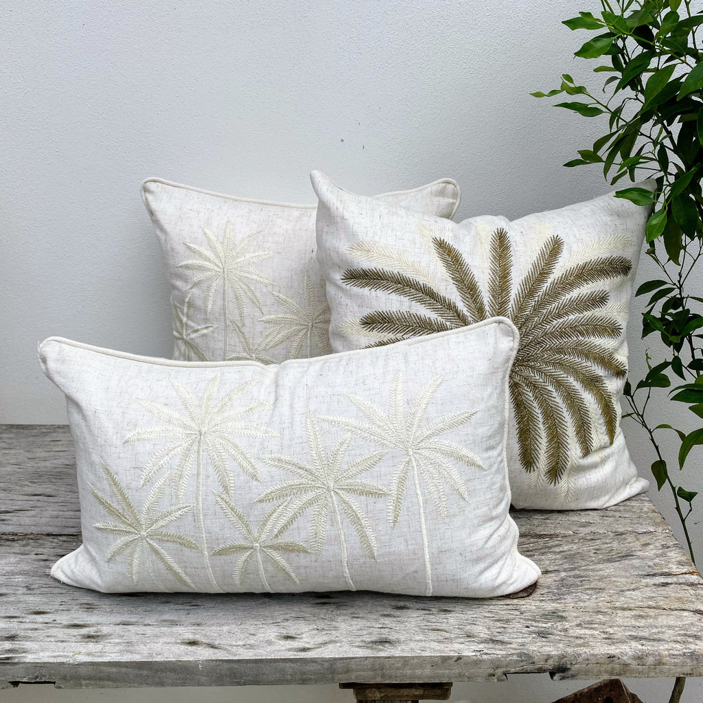 Set of 3 Natural Coastal Palm Tree Linen Cushion - Canopy Serenity
