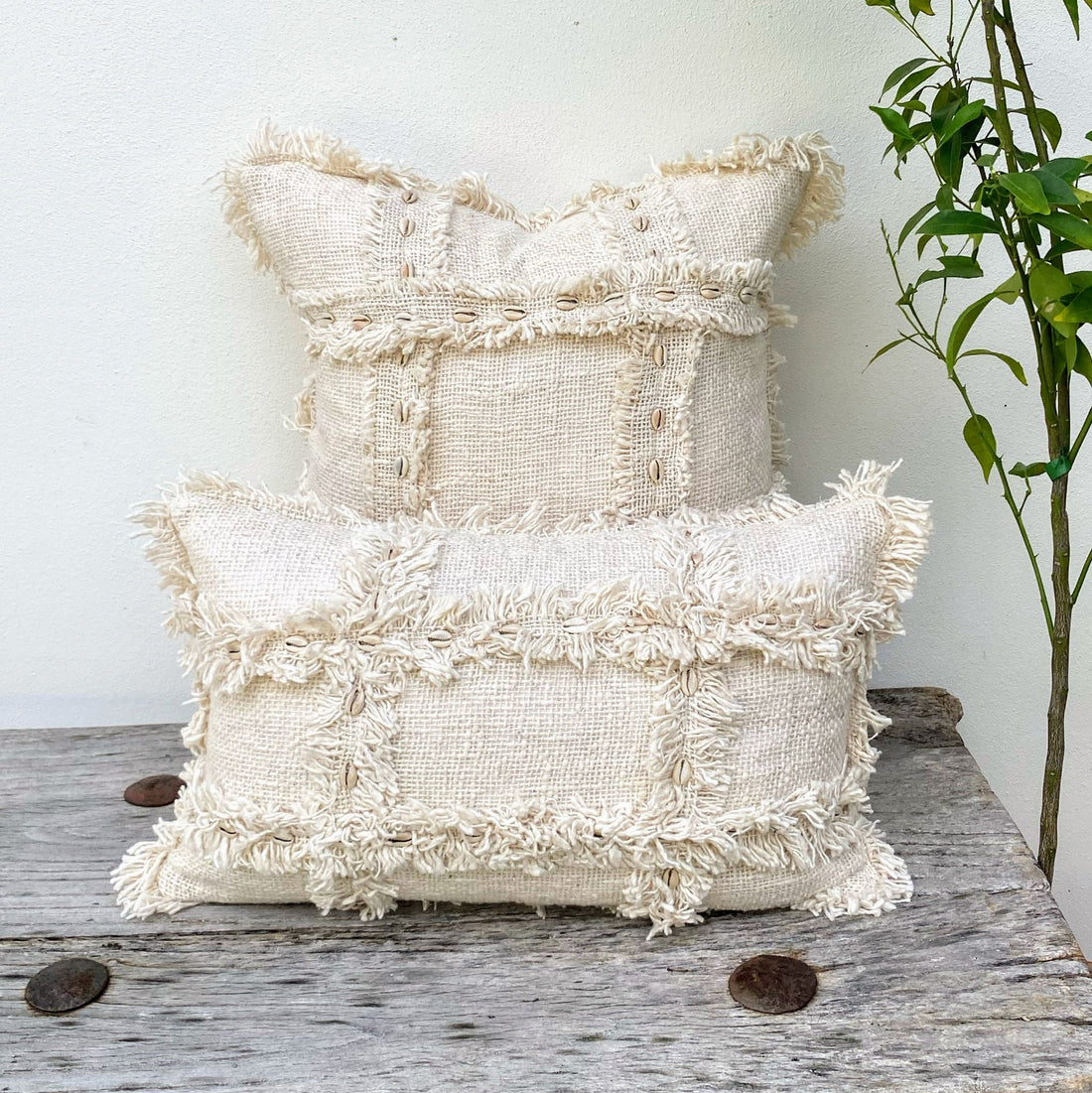 Shell Cushion - White and Natural - Square - 45x45cm - Decorative ...