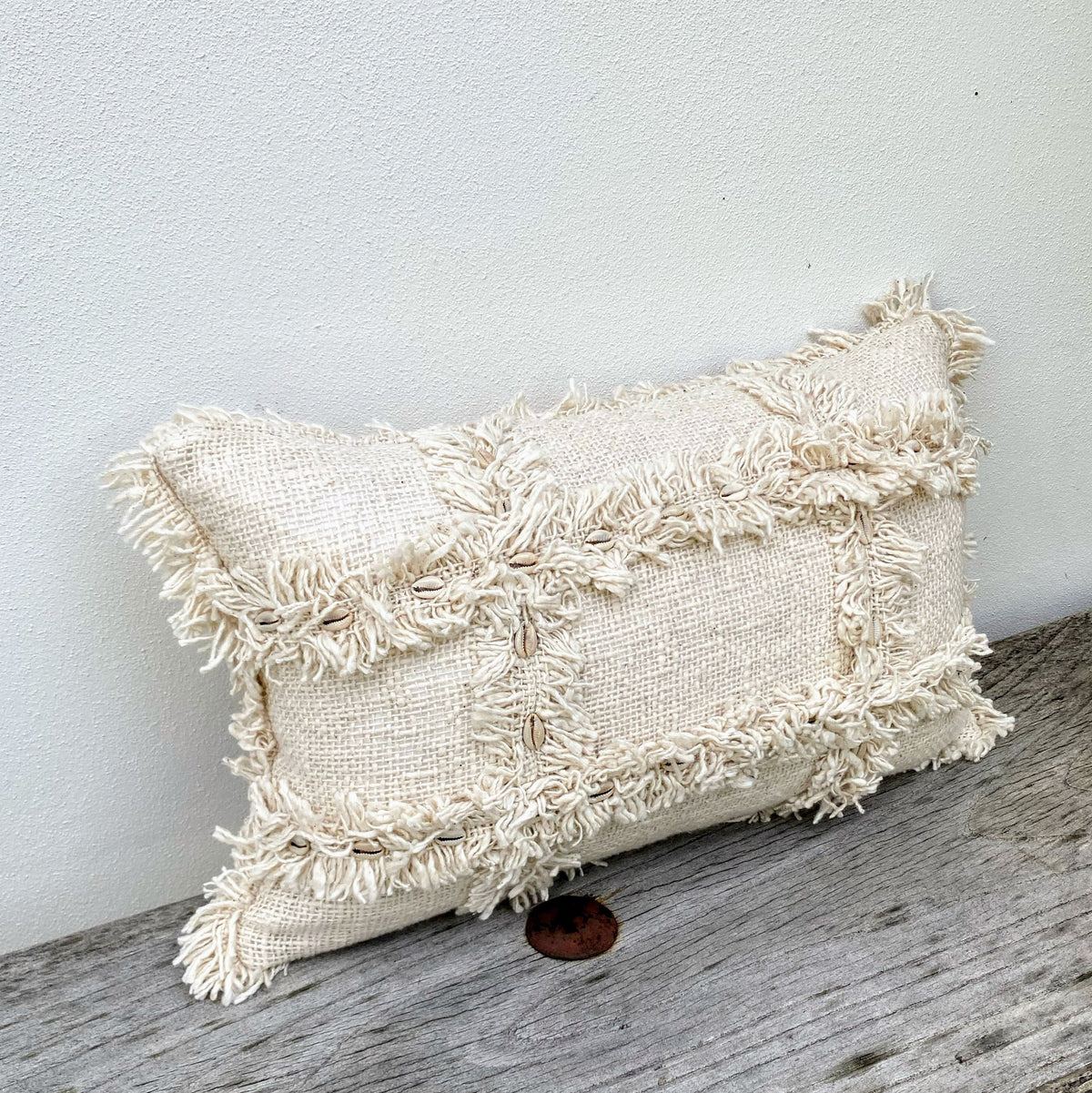 Natural Textured Cotton Coastal Cushion - Fringed - Rectangle - Cowrie